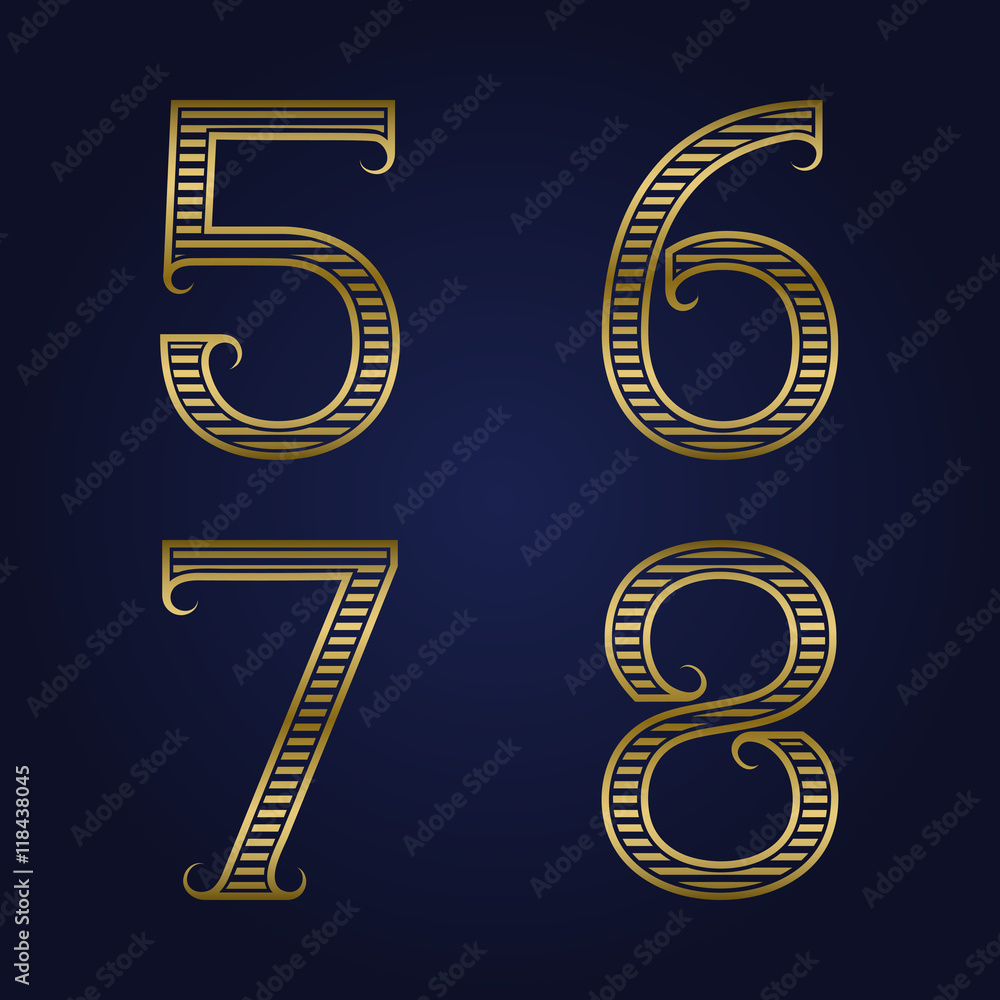 Five, six, seven, eight golden ribbed numbers with flourishes ...