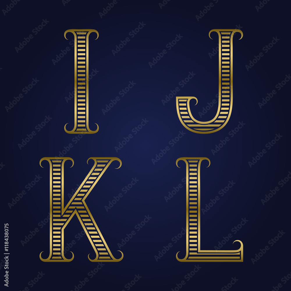 I, J, K, L golden ribbed letters with flourishes. Horizontal stripes ...