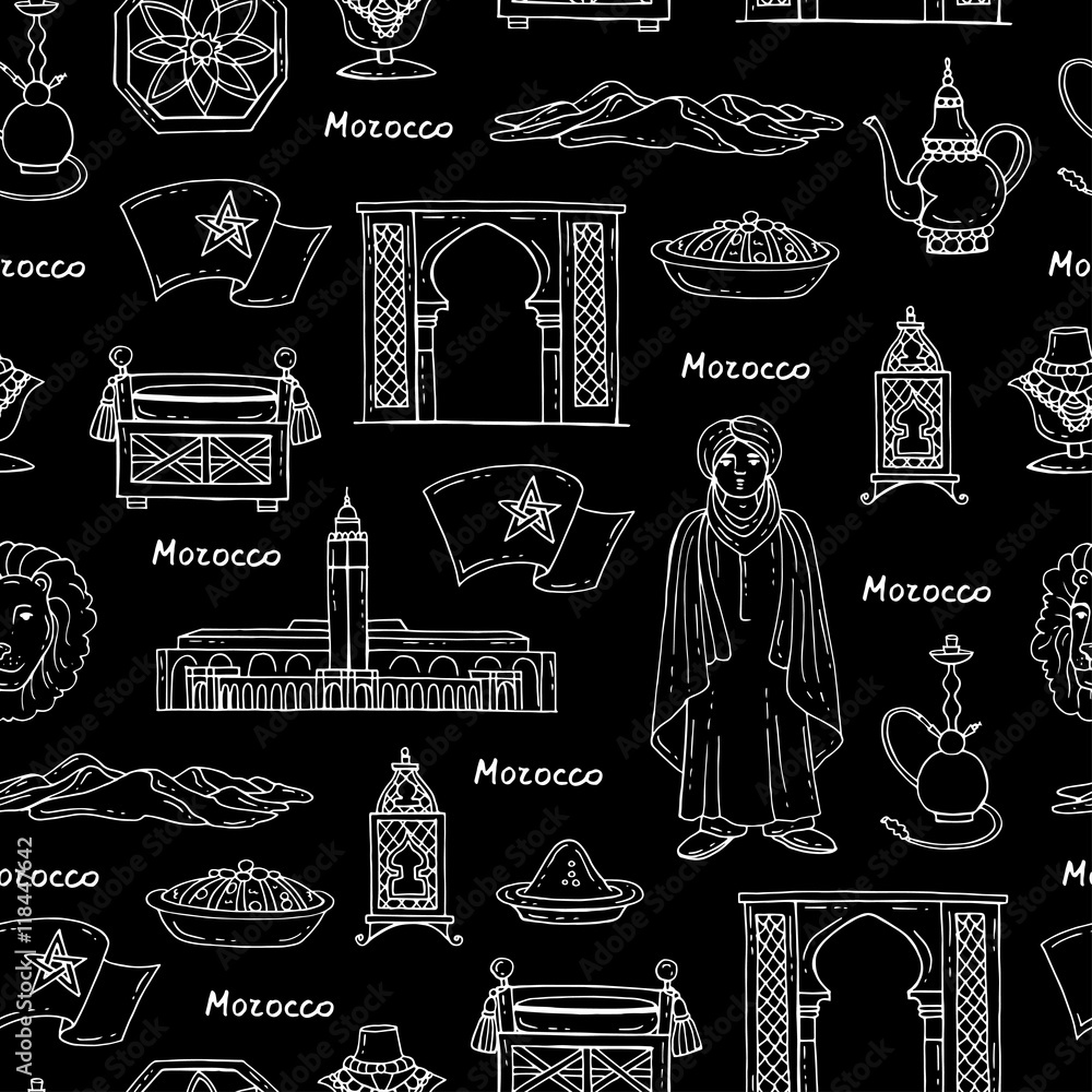 Vector seamless pattern with hand drawn isolated symbols of Morocco on ...