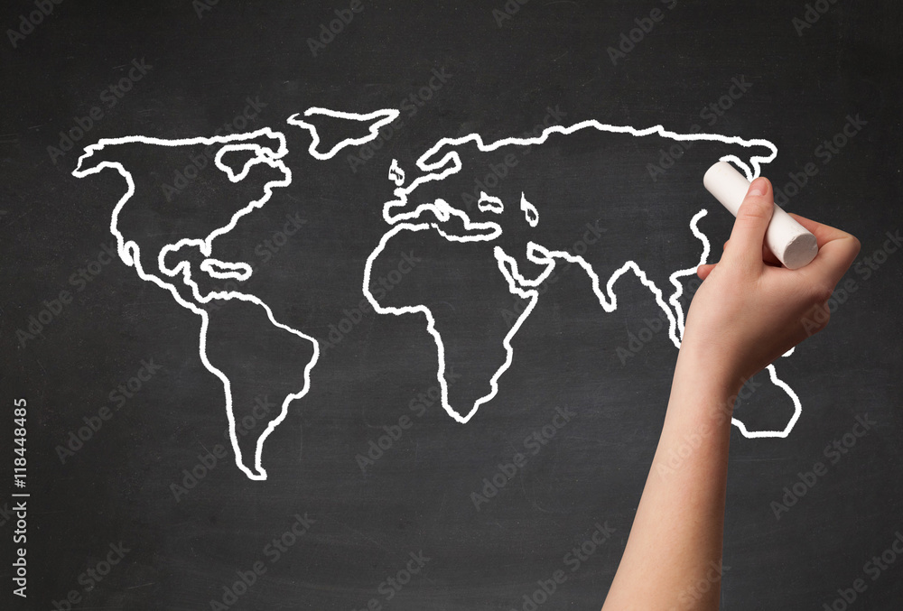 Adult drawing world map on chalkboard Stock Photo | Adobe Stock