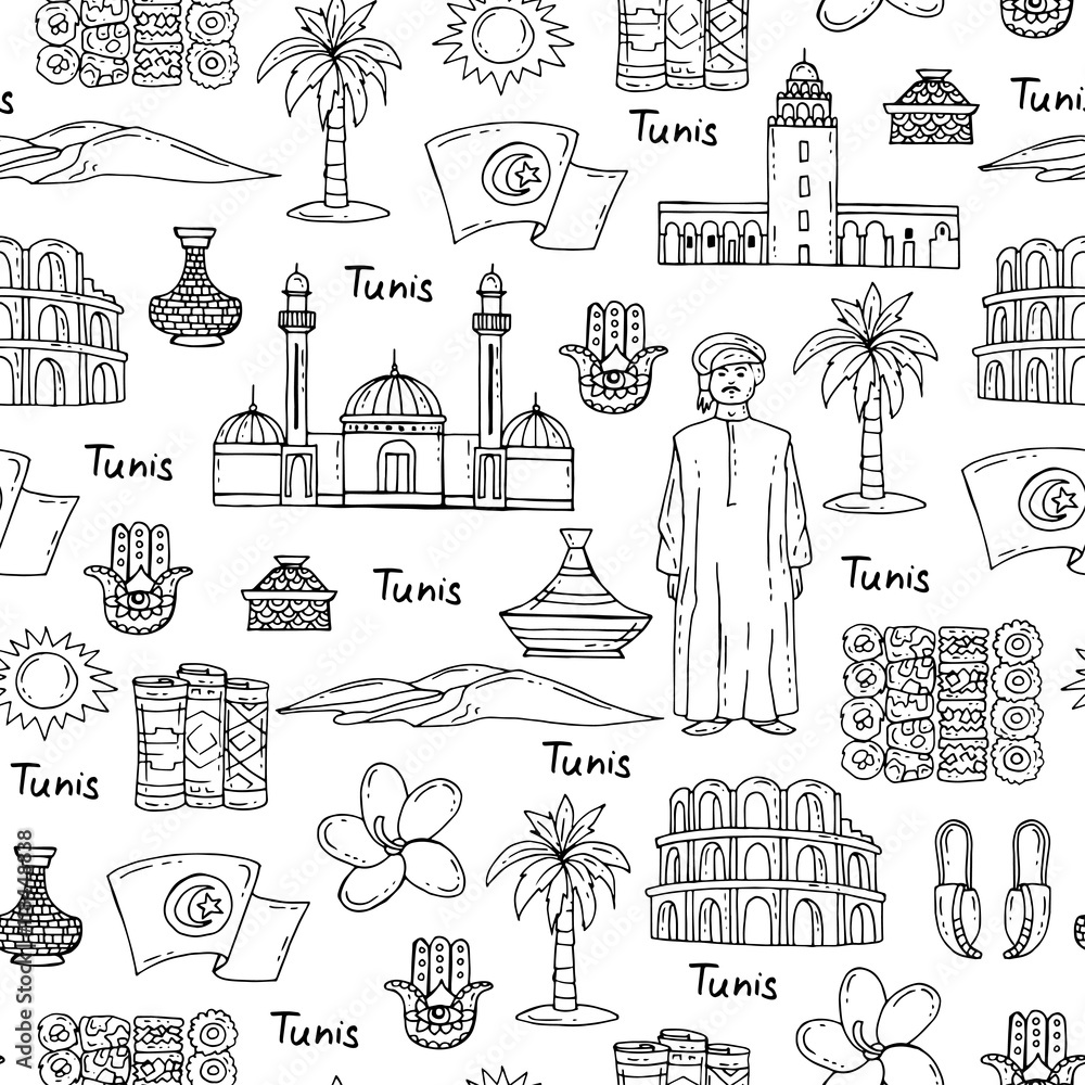 Vector seamless pattern with hand drawn isolated symbols of Tunis Stock ...