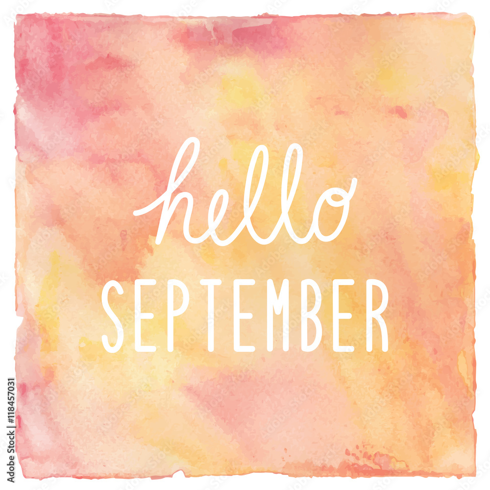 Hello September text on red and yellow watercolor background Stock ...