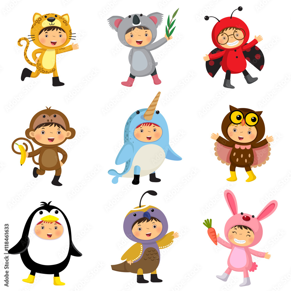 Set of cute kids wearing animal costumes. Stock Vector | Adobe Stock
