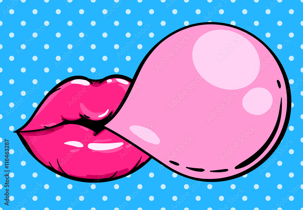 Woman Pink Lips With Gum Bubble On Pop Art Background Vector