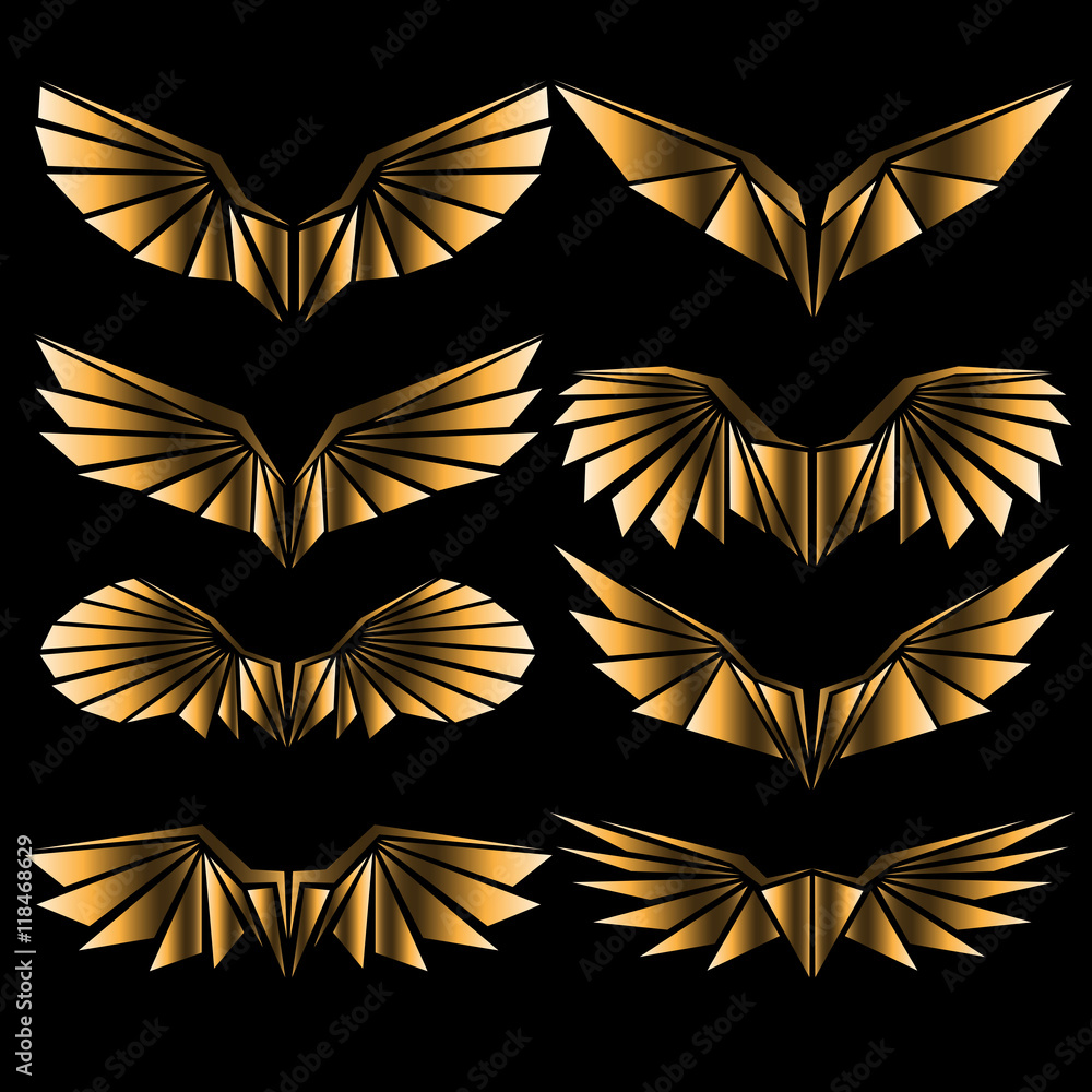 Vector gold wings of bird design for logo on black background ...