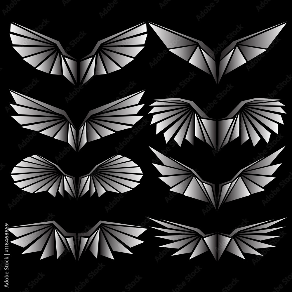 Vector silver wings of bird design for logo on black background ...