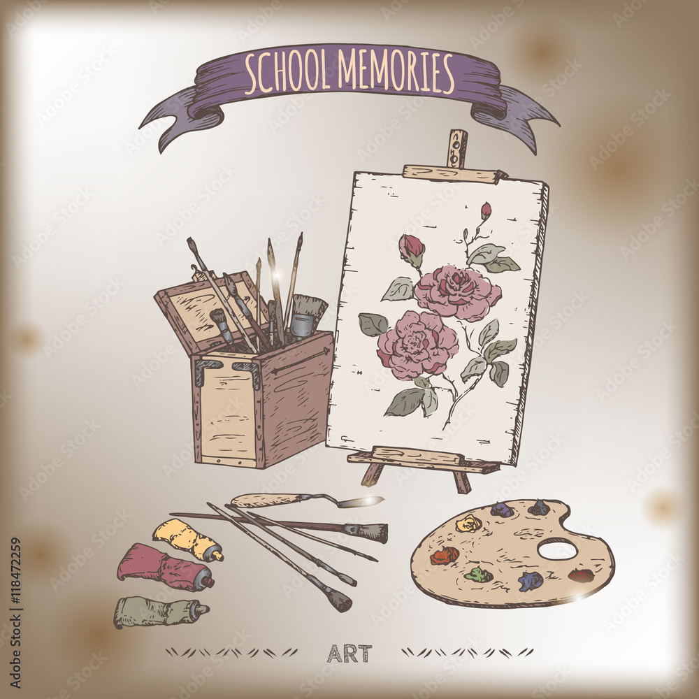 Vintage color art tools sketch placed on old paper background. Stock ...