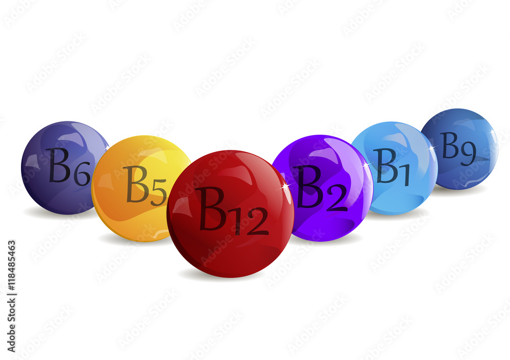 Vector image. Illustration set of vitamin groups b in colored bubbles ...