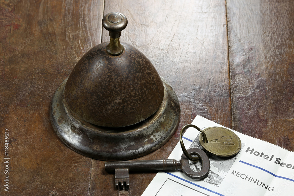 vintage German hotel bill at counter with room key and service bell ...