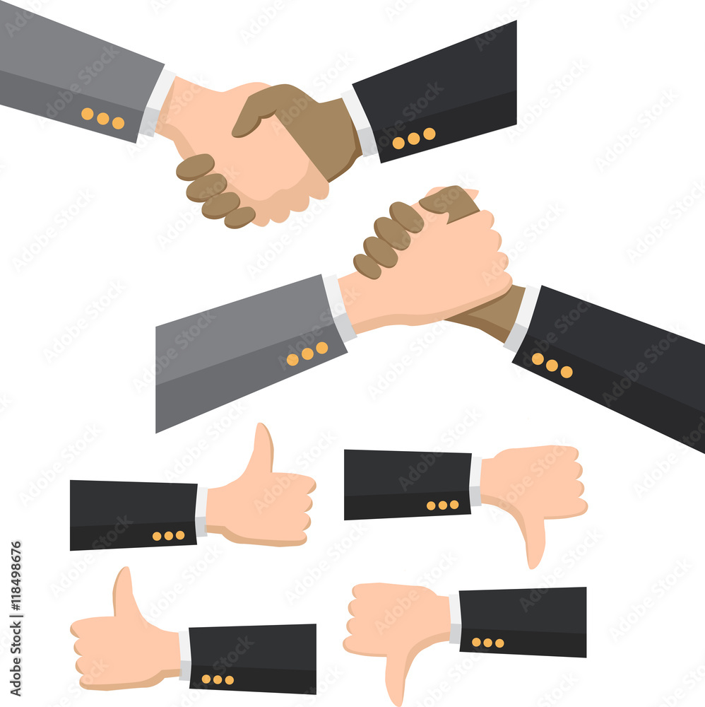Shaking hands business vector illustration with thumb thumbs like and ...