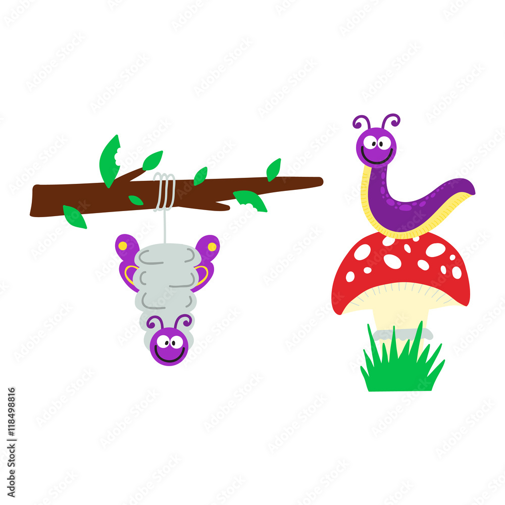 Cute hand drawn crawling caterpillar tree insect element funny little ...