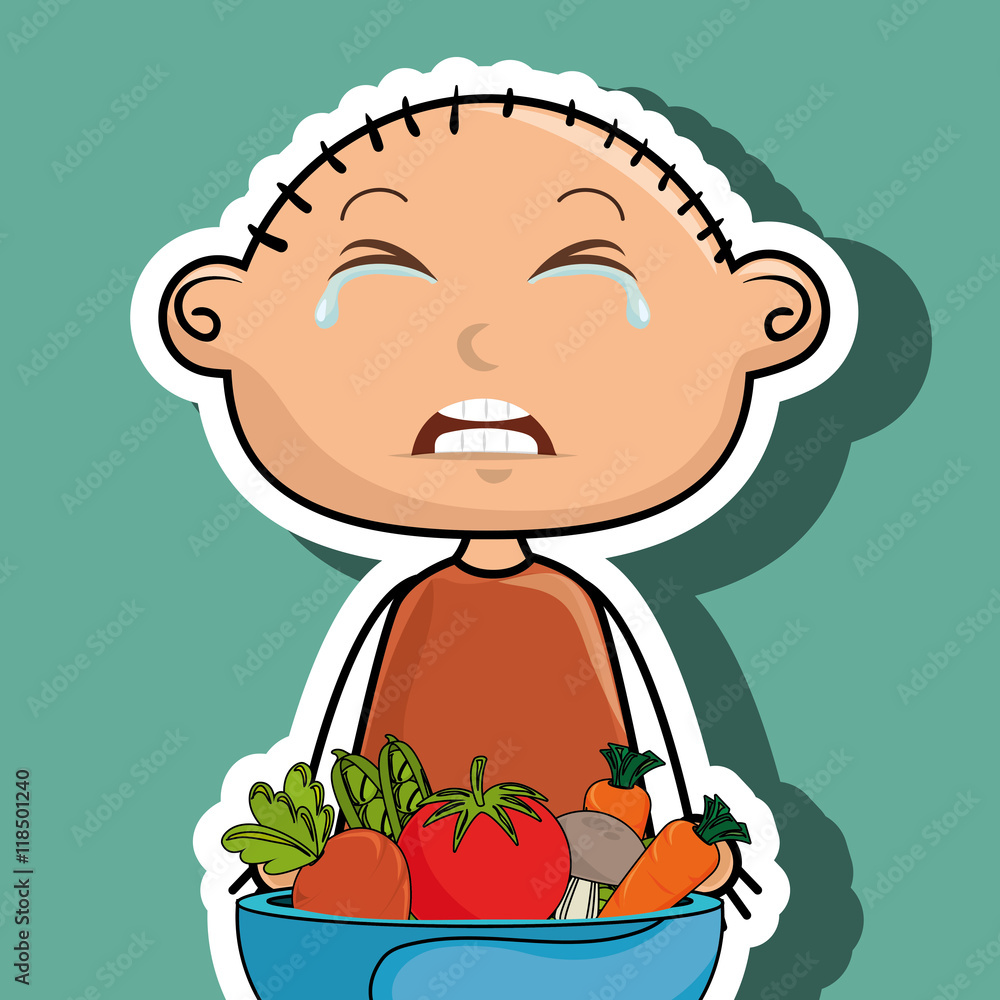 Vetor do Stock: boy cry plate vegetables vector illustration graphic ...