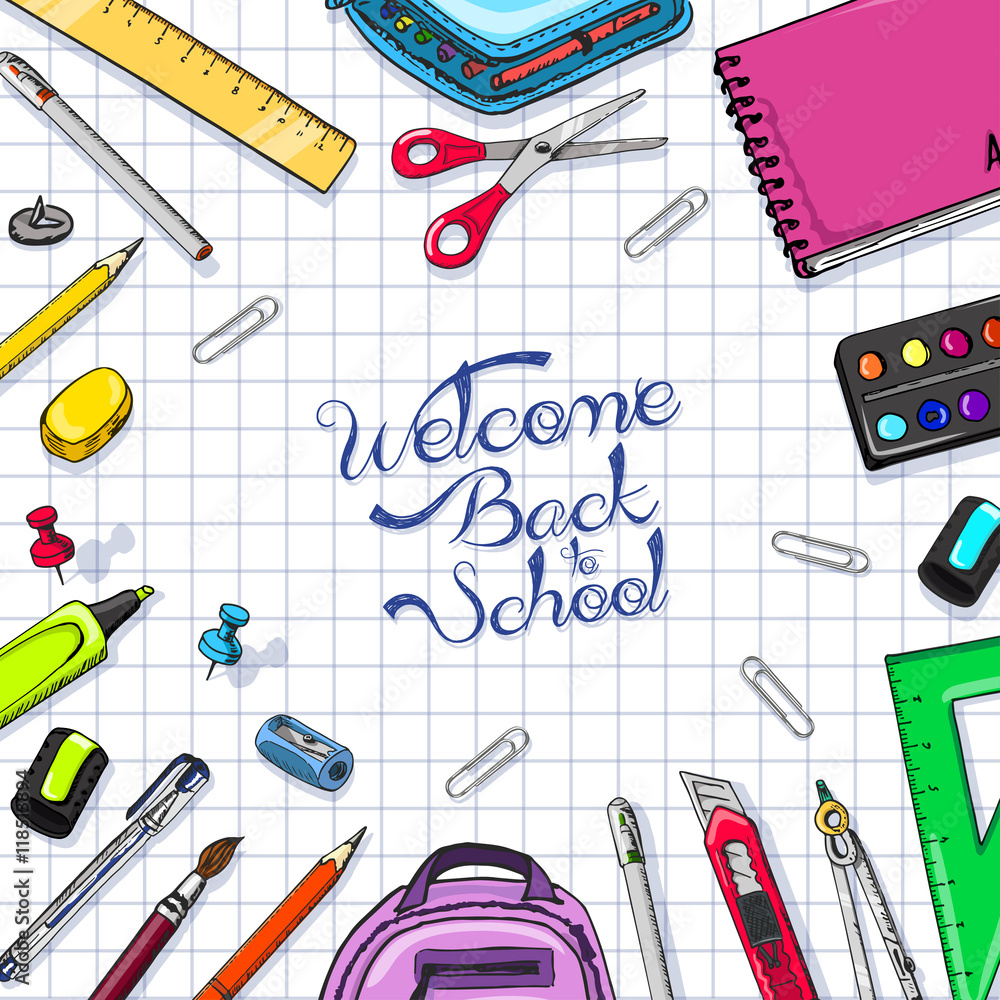 School background with school supplies on a paper Stock Vector | Adobe ...