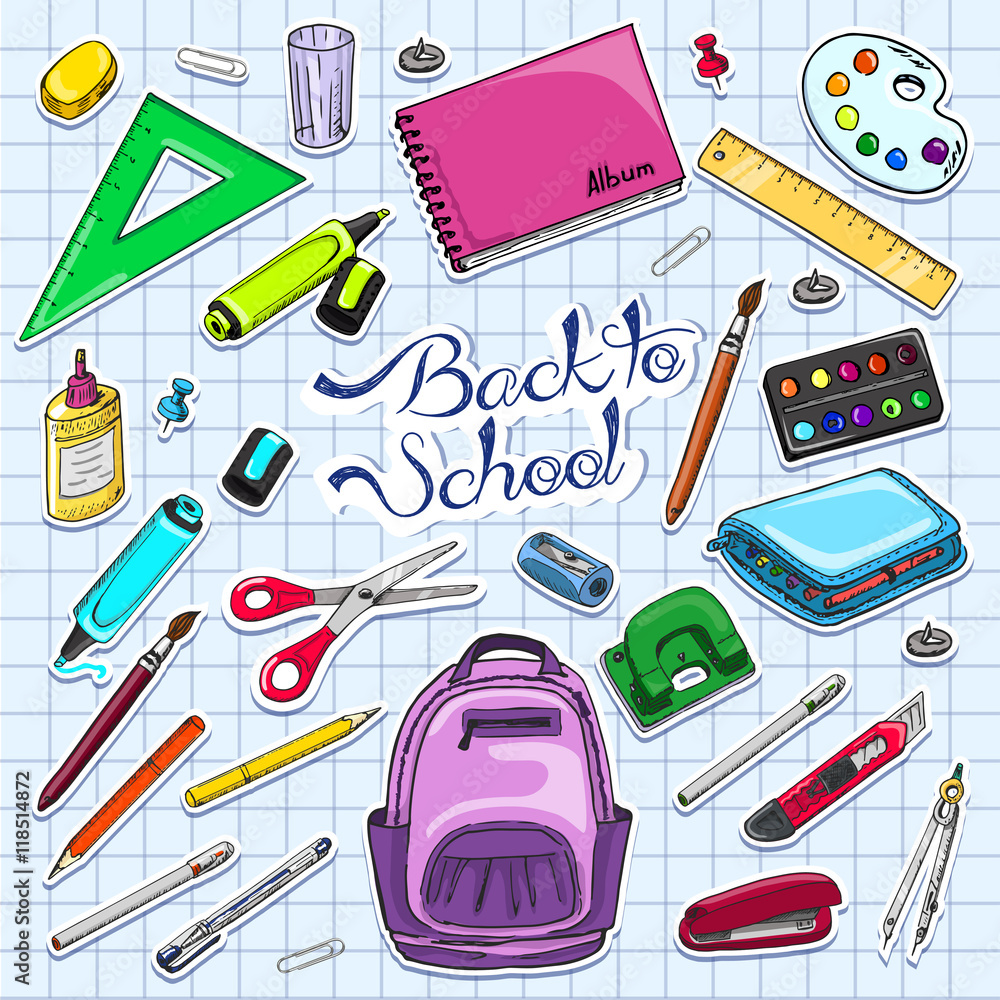 Vector illustration of Back to School supplies. Stickers school ...