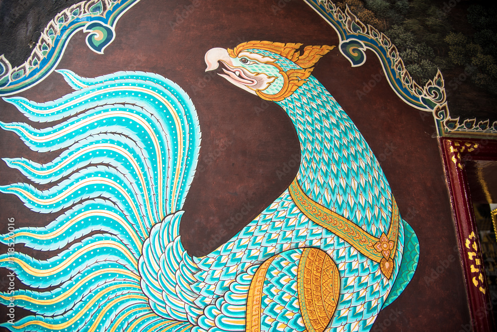 Thai Mural Painting Depicting Sadayu, a Giant Bird in the Ancient Tale ...