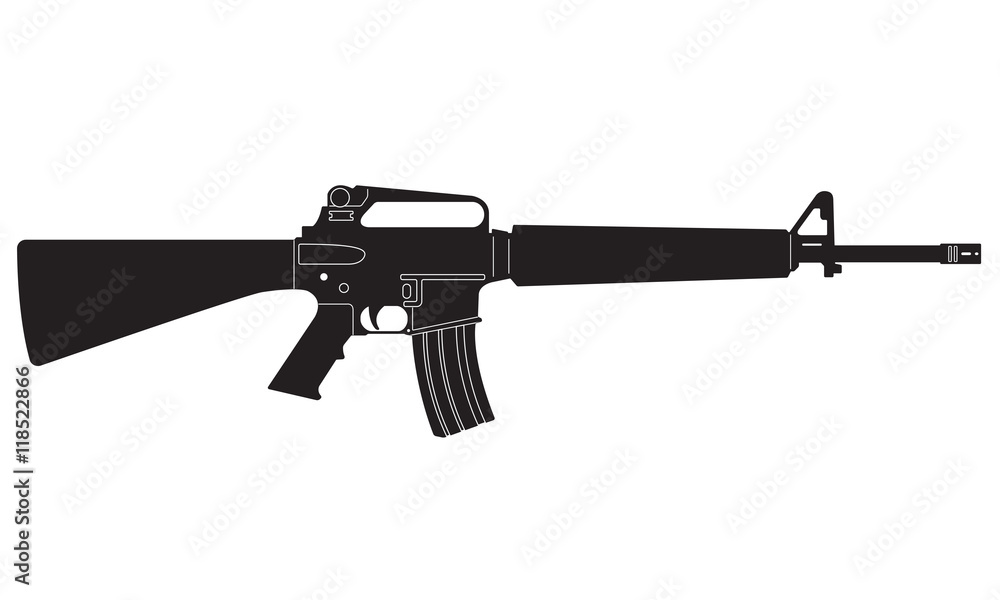 Vetor do Stock: Submachine gun icon or sign isolated on white background. M16 black silhouette ...