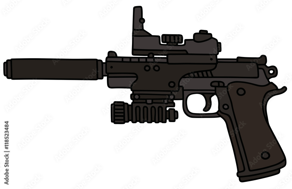 Hand drawing of a modern handgun with the optical device and silencer ...