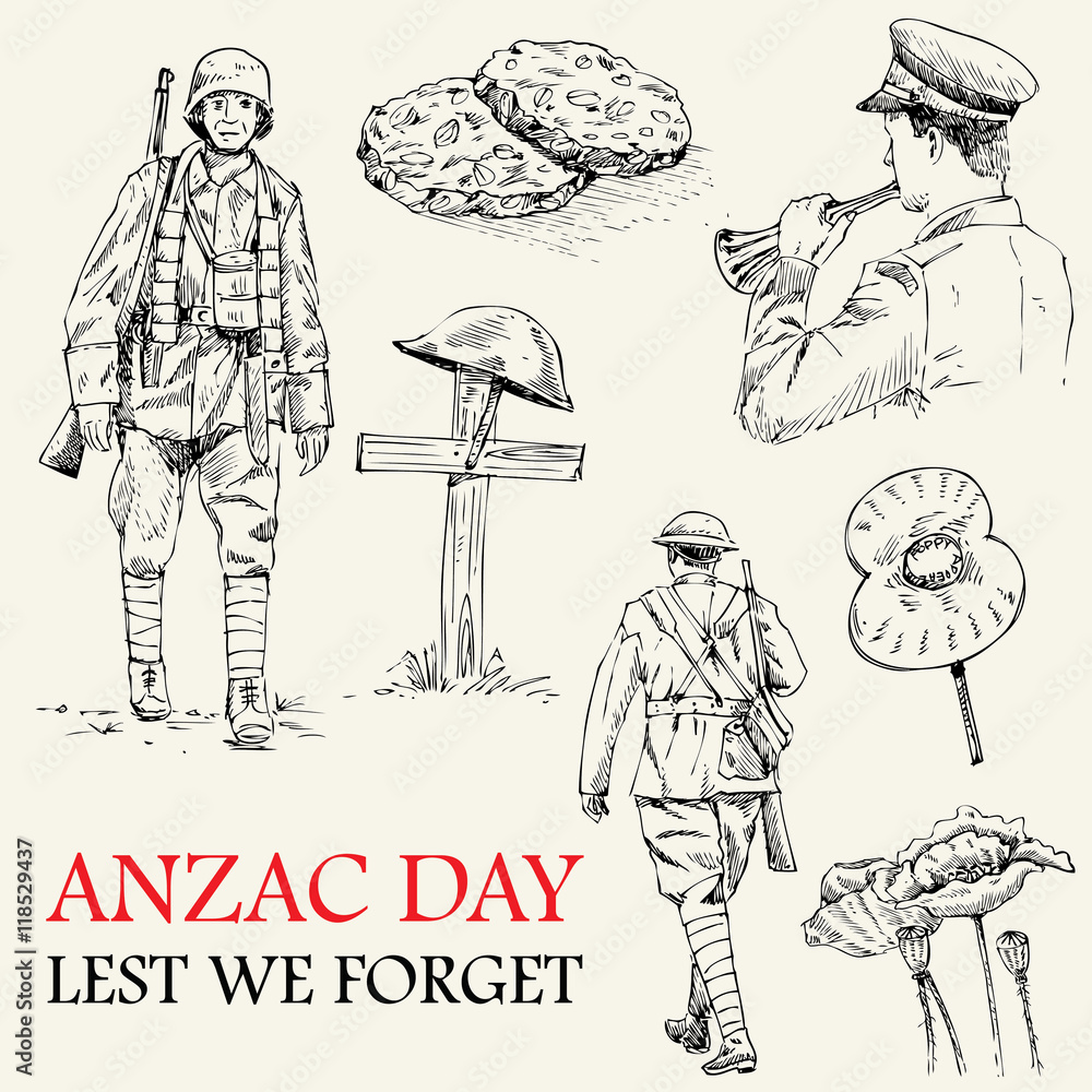 Hand drawn of Anzac icons Stock Vector | Adobe Stock