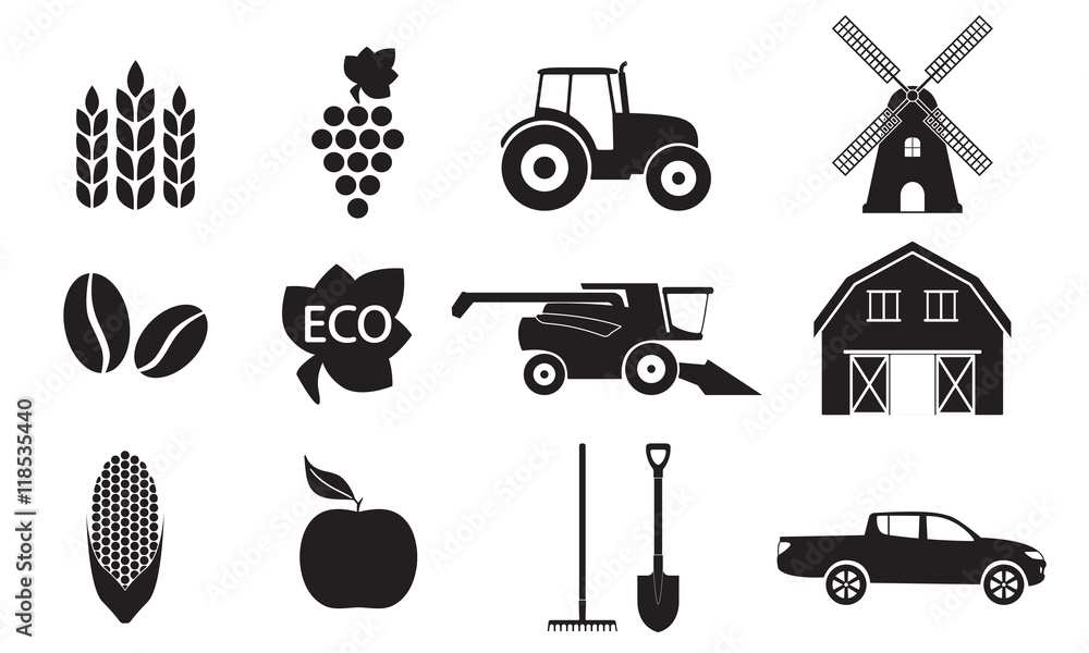 Agriculture and farming icon set. Black icons isolated on white ...