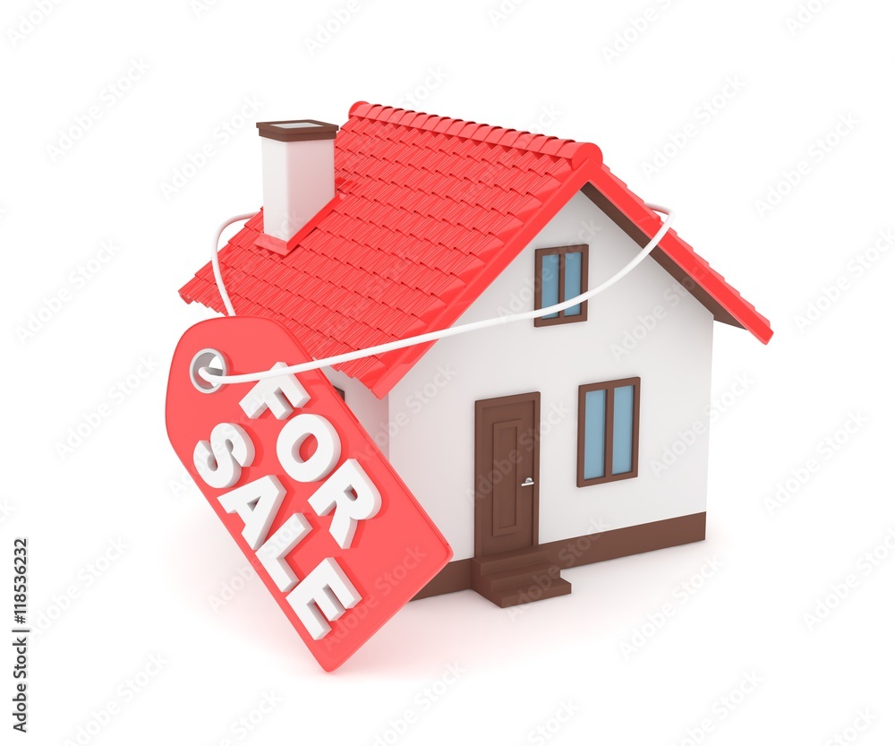 Miniature model of house real estate for rent label on white background ...