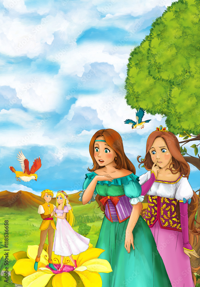 Cartoon scene with cute princes in the forest - beautiful manga girl ...