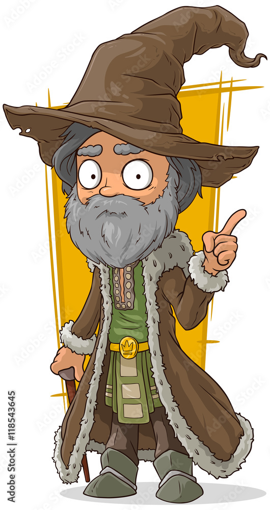 Cartoon old wizard in brown hat Stock Vector | Adobe Stock