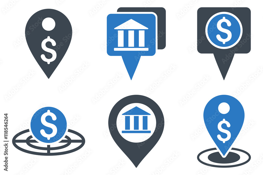 Bank Location vector icons. Icon style is bicolor smooth blue flat ...