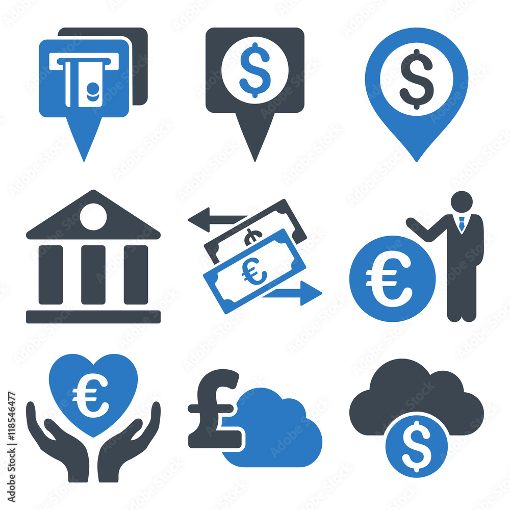 Banking vector icons. Icon style is bicolor smooth blue flat symbols ...