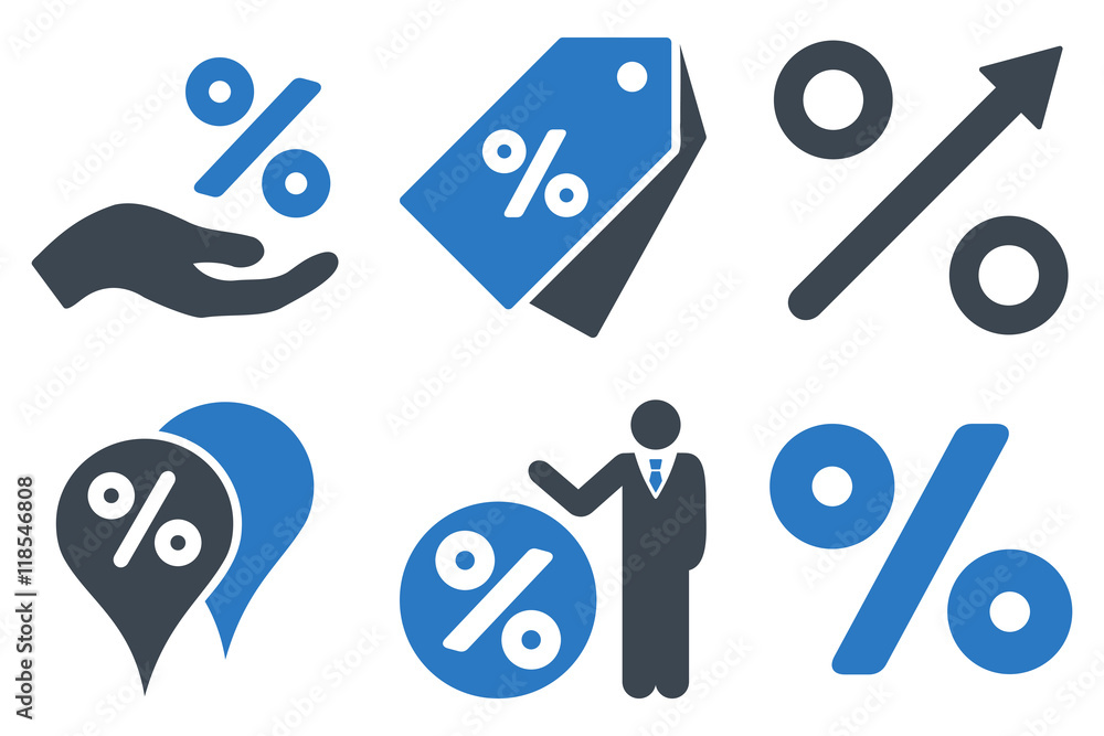 Discount Percent vector icons. Icon style is bicolor smooth blue flat ...
