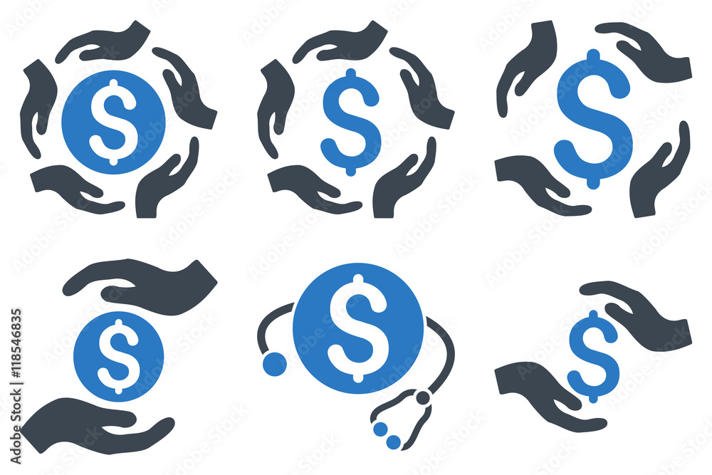 Dollar Care Hands vector icons. Icon style is bicolor smooth blue flat ...
