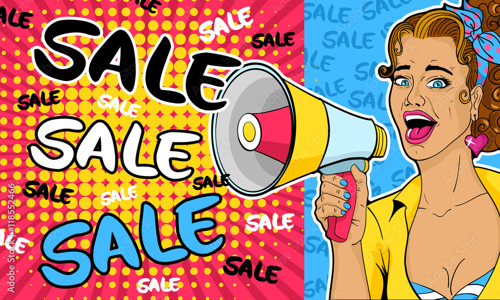 Sale Sexy Pop Art Woman With Open Mouth And Megaphone Speaking Vector 9186