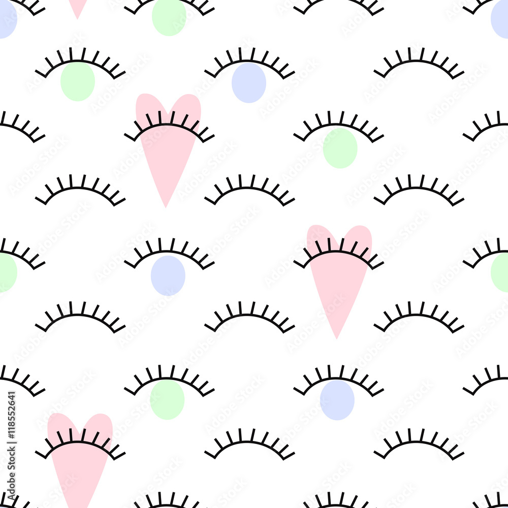 Abstract pattern with open and winking eyes with pink hearts. Cute ...