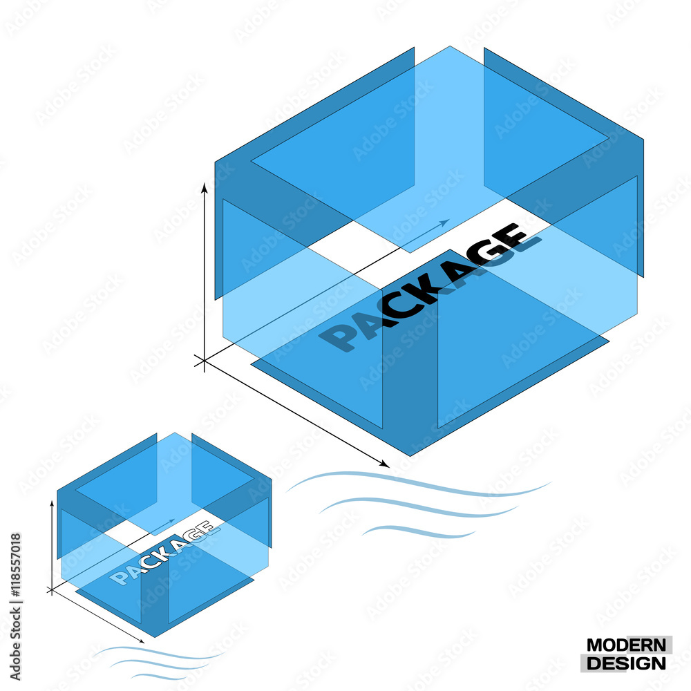 Medium blue packing box in 3D isometric view, cross-section, with an ...