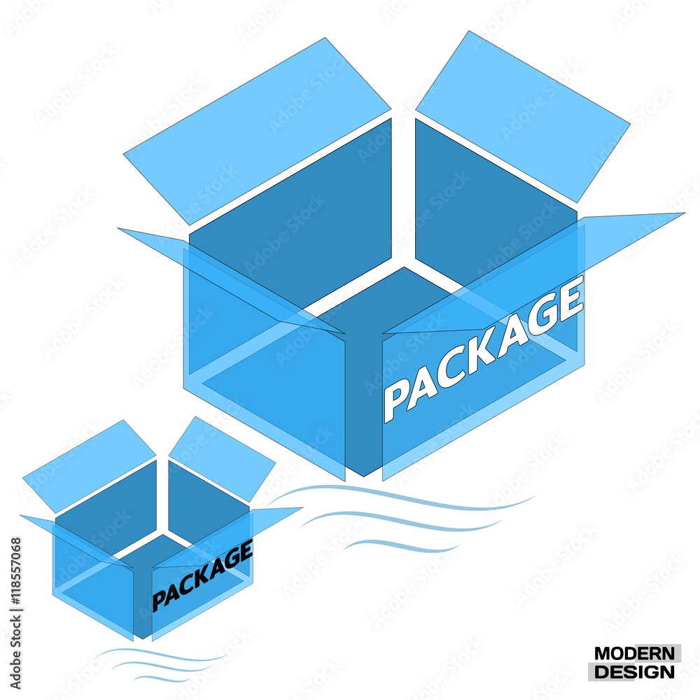 Medium open blue packing box, 3D isometric view, cross-section, with ...