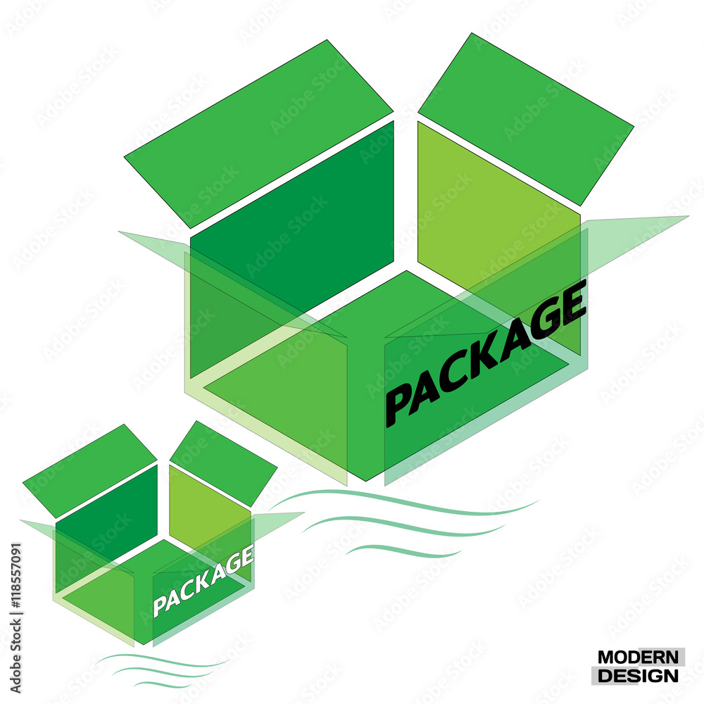 Medium open green packing box, 3D isometric, cross-section, with the ...