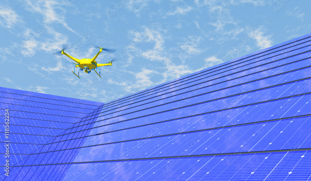 3D render of UAV drone inspecting an integrated solar shingle roof ...