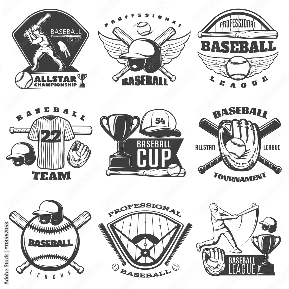 Baseball Black White Emblems Stock Vector | Adobe Stock