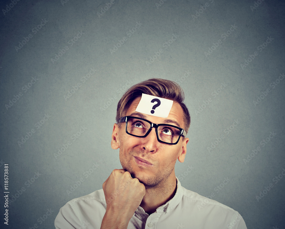 thinking man with question mark Stock Photo | Adobe Stock