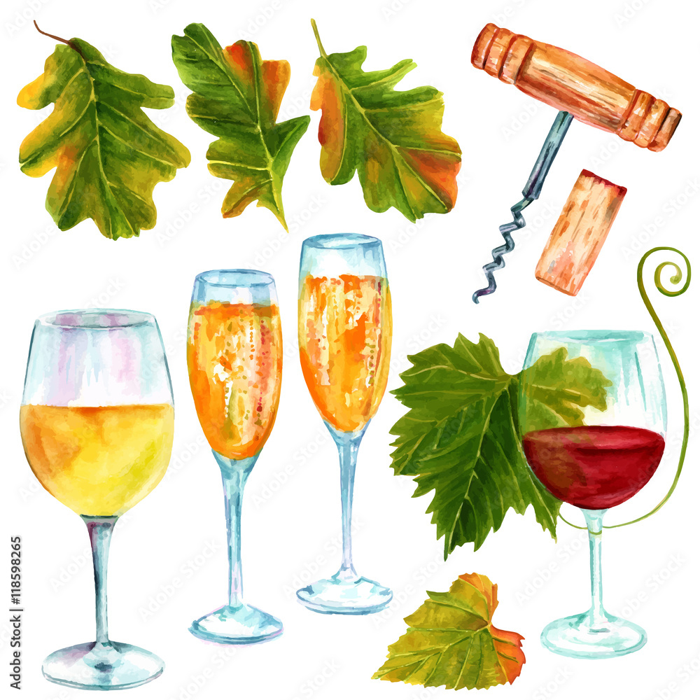 Vector wine set for restaurant menu design; watercolor drawings Stock ...