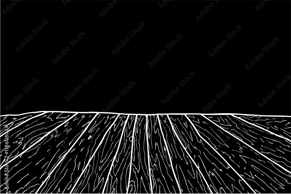 hand draw sketch of perspective wooden floor, white outline of black ...