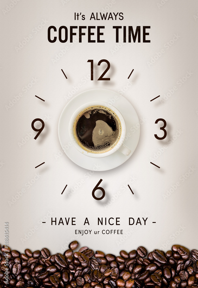 happy time. coffee cup and coffee bean on vintage paper background ...