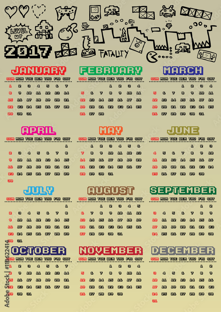 Videogames themed 2017 vector calendar. Week starts with sunday. You ...