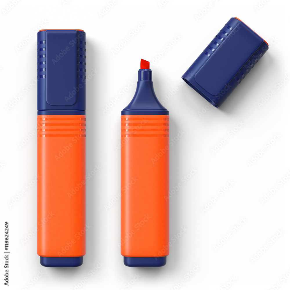 Textmarker - orange.3D rendering.Isolated on white background.Top view ...