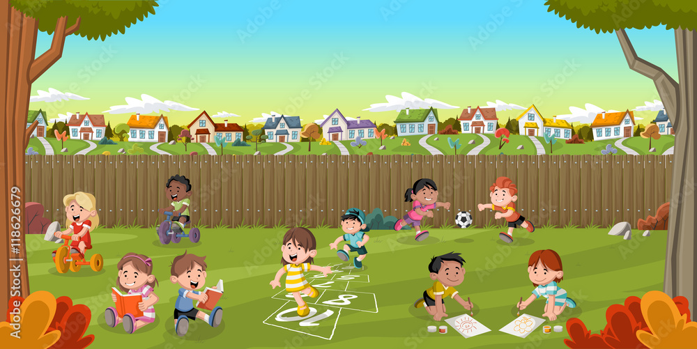 Backyard of a colorful house in suburb neighborhood with cartoon kids ...