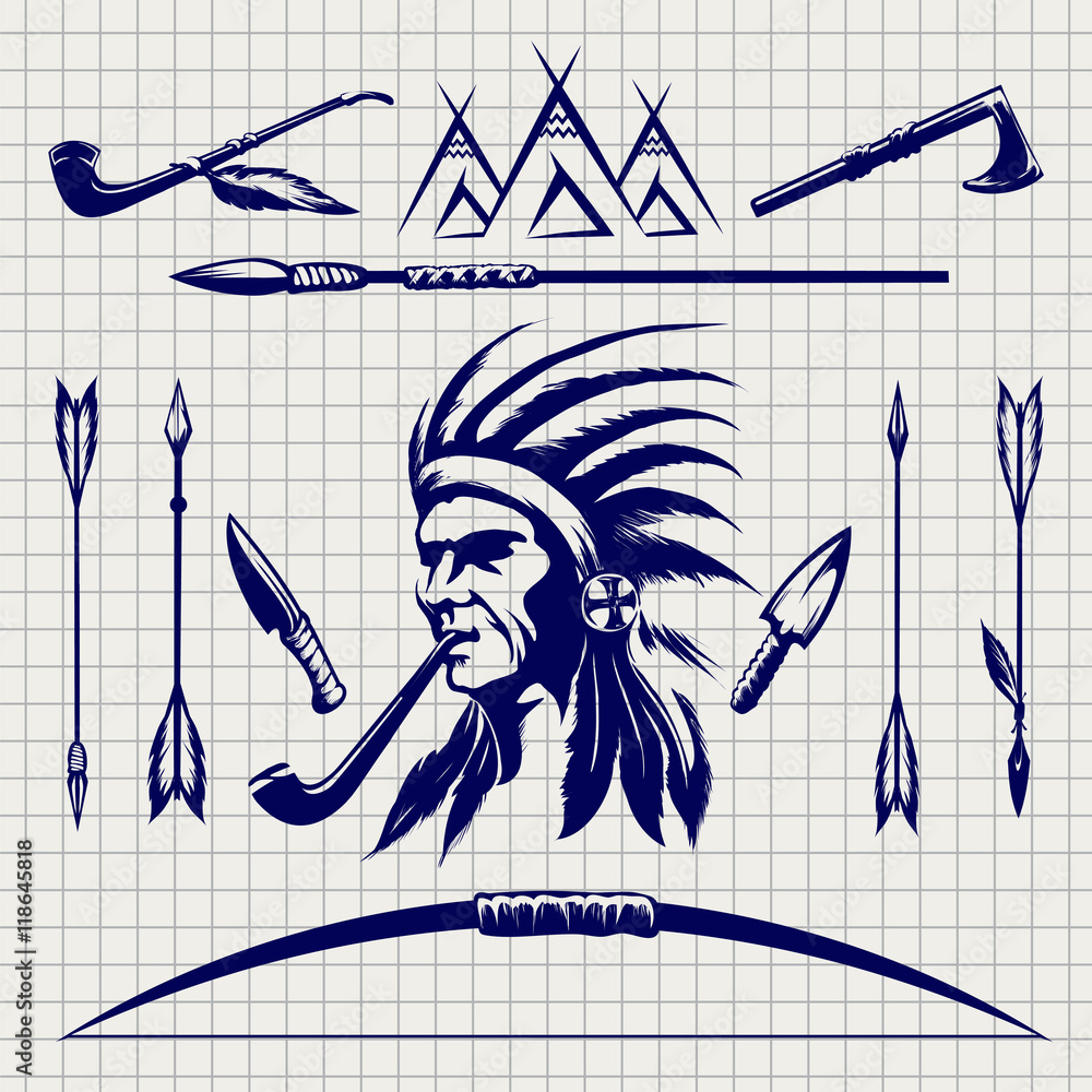 Sketch of native american indian arrows bow and pike on the notebook ...