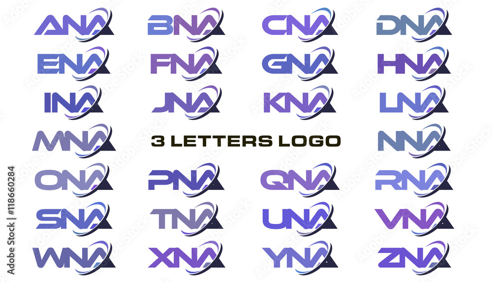 3 letters modern swoosh logo ANA, BNA, CNA, DNA, ENA, FNA, GNA, HNA ...