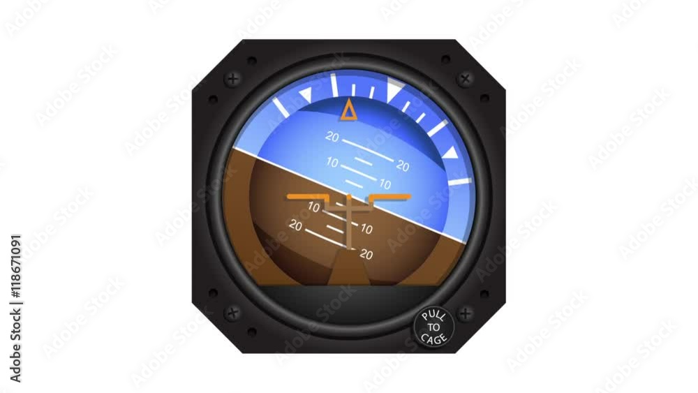Aircraft attitude indicator showing turning and climbing manoeuvres ...