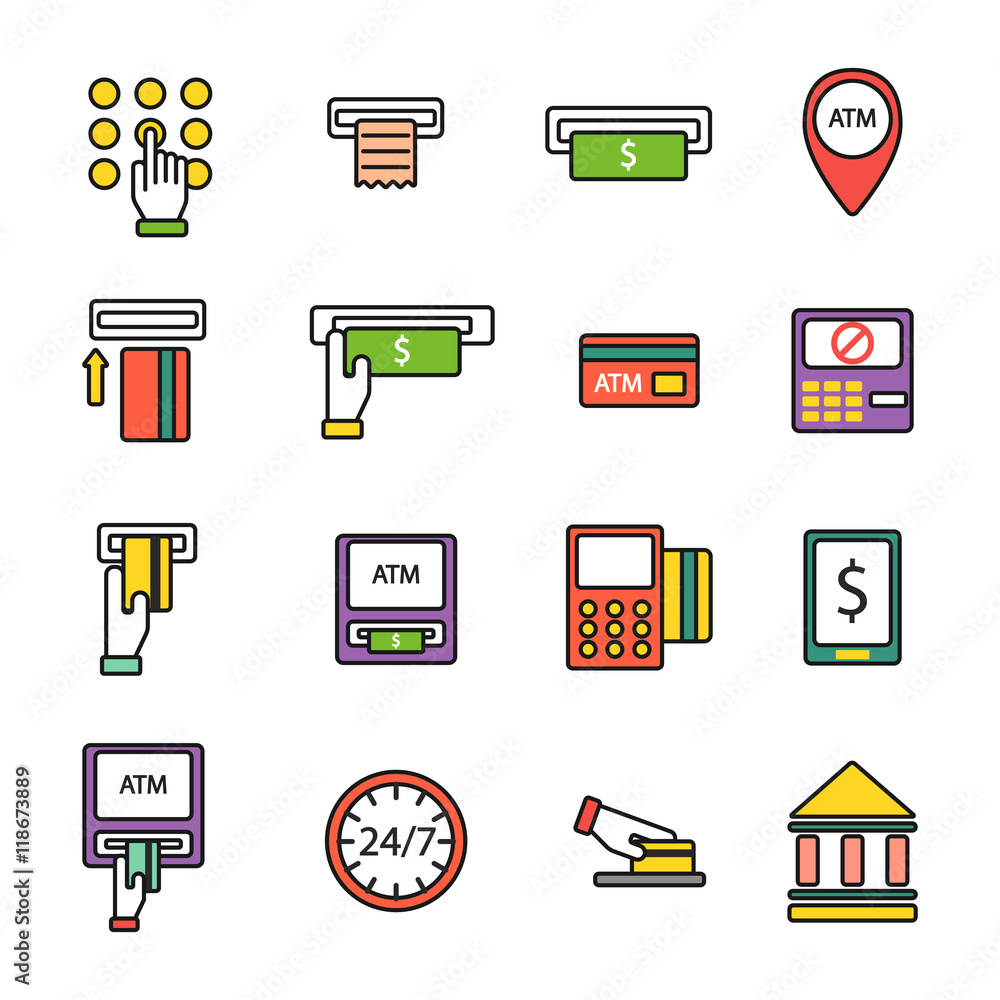Finance atm and business vector payment card icon set. ATM icons ...