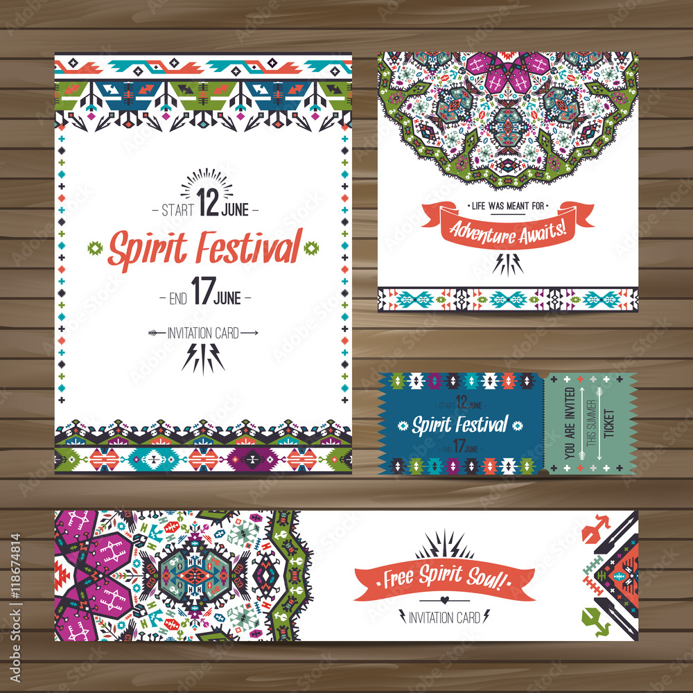 Set of geometric boho colorful flyers. Vector decorative ethnic ...