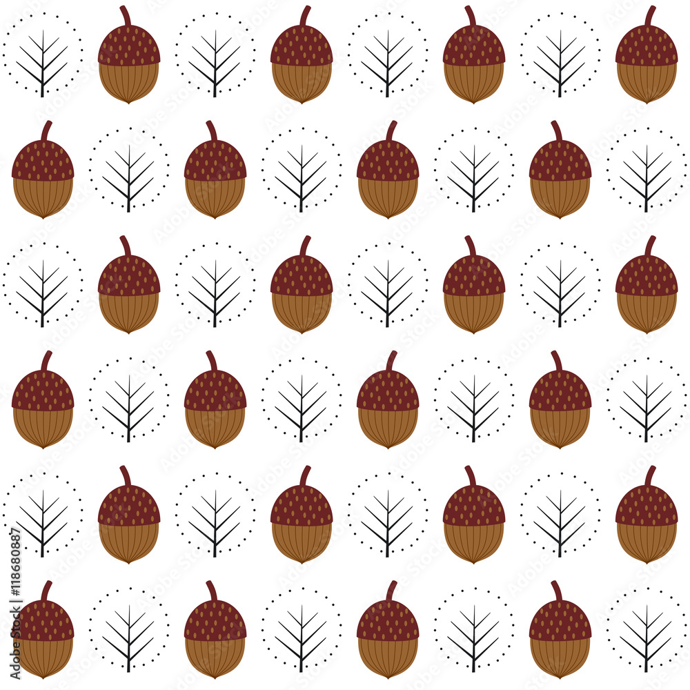 Acorns seamless pattern with decorative trees. Cute nature background ...